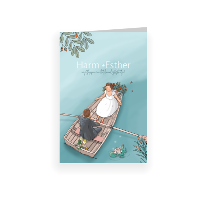 Trouwkaart prachtig bruin roeibootje met bruidspaar