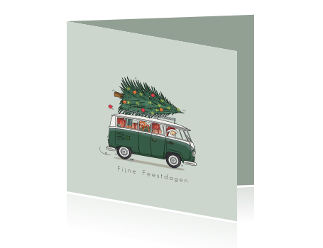 Kerstkaart groen busje vw met kerstman