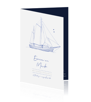 Trouwkaart dubbel zeilboot getekend