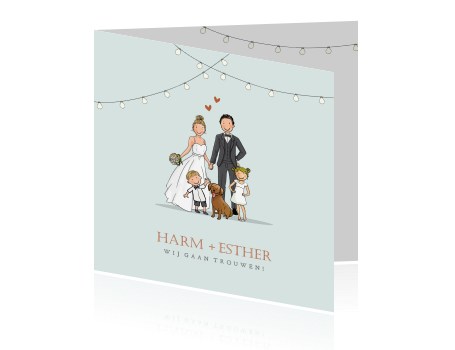 Trouwkaart bruidspaar als gezin met priklampjes