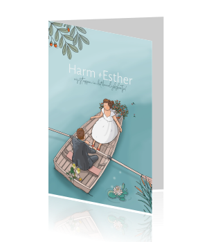 Trouwkaart prachtig bruin roeibootje met bruidspaar